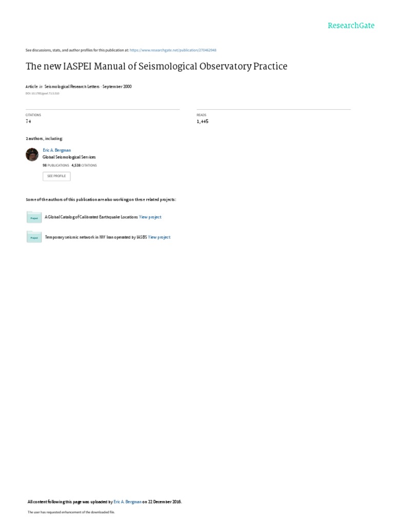 The New IASPEI Manual of Seismological Observatory Practice ...