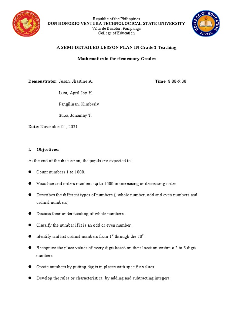 A Semi-Detailed Lesson Plan in Grade 2 Teaching Mathematics in The ...