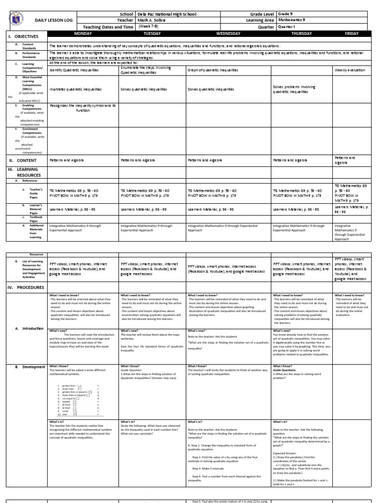 Grade 9 Quadratic Inequalities Lesson Plan | PDF | Quadratic Equation ...