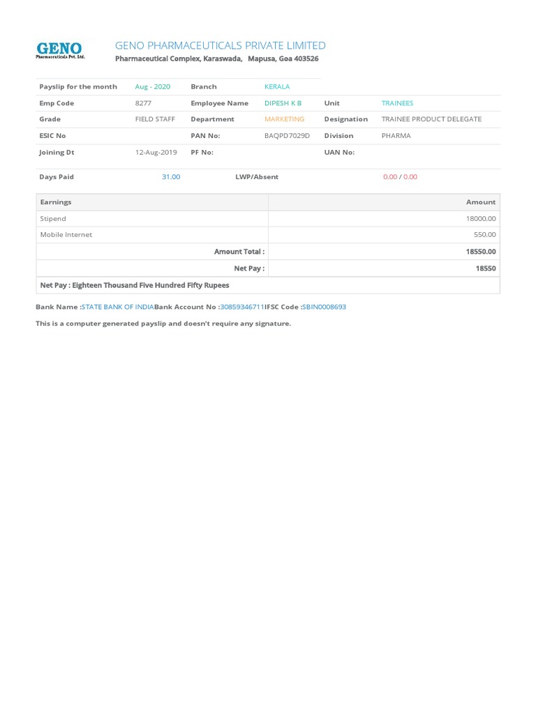 Geno Pharmaceuticals Private Limited: Aug - 2020 Dipesh K B | PDF