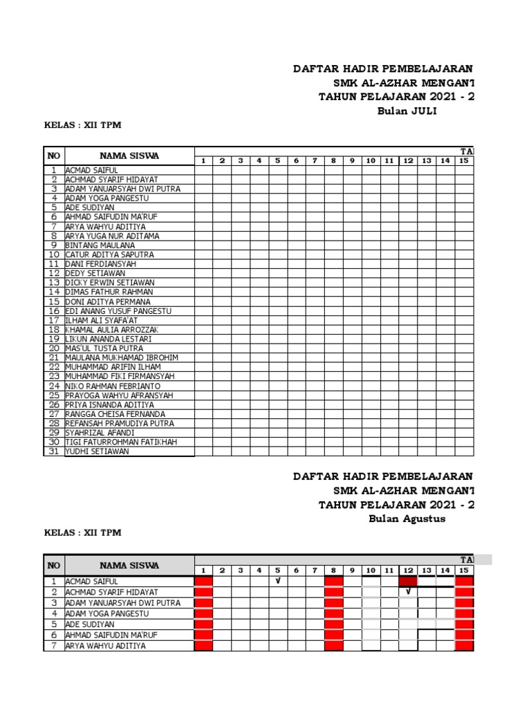 Presensi Siswa Kelas Xii 2021-2022-1 | PDF