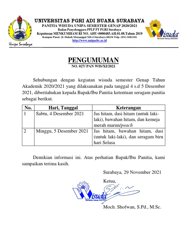027 Pengumuman Pemakaian Seragam Panitia | PDF