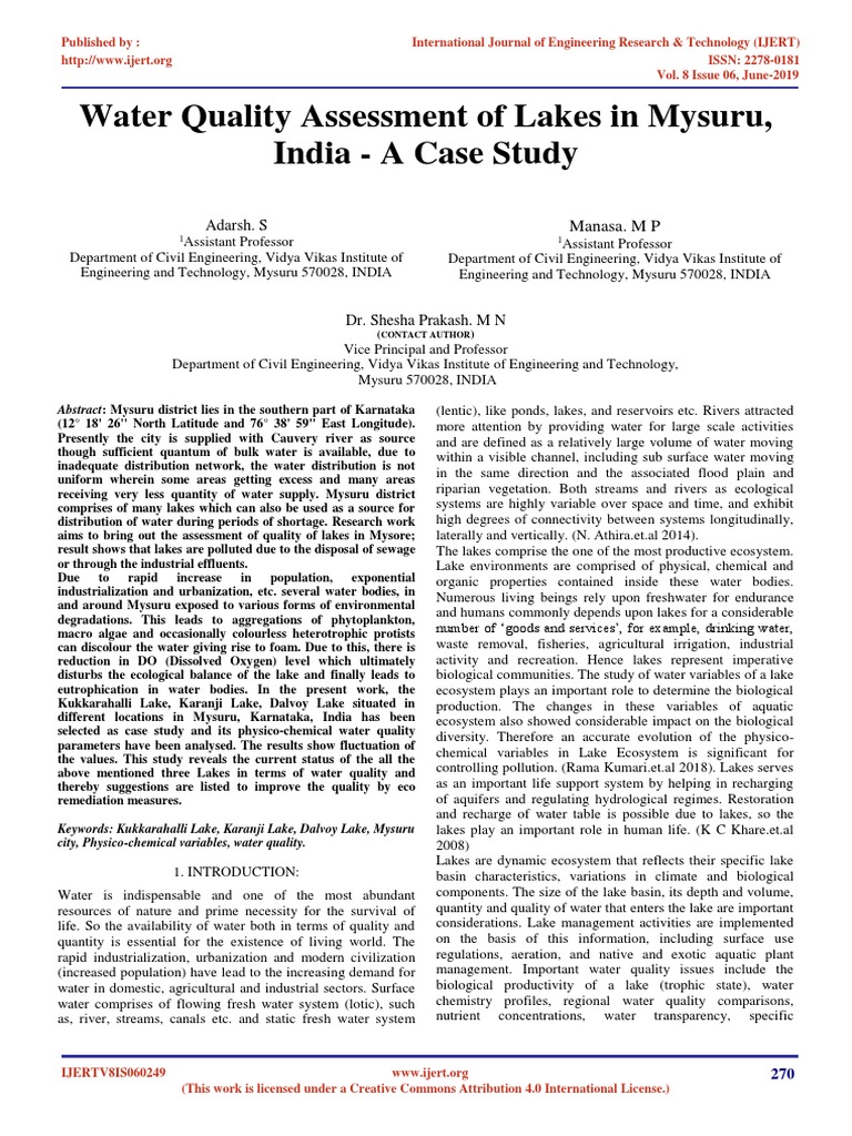 Water Quality Assessment of Lakes in Mysuru India A Case Study ...