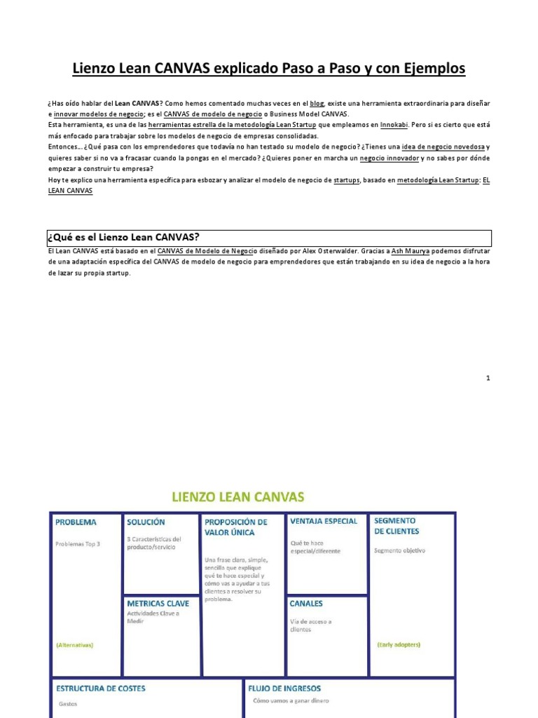 Lienzo Lean CANVAS Explicado Paso A Paso y Con Ejemplos | PDF ...
