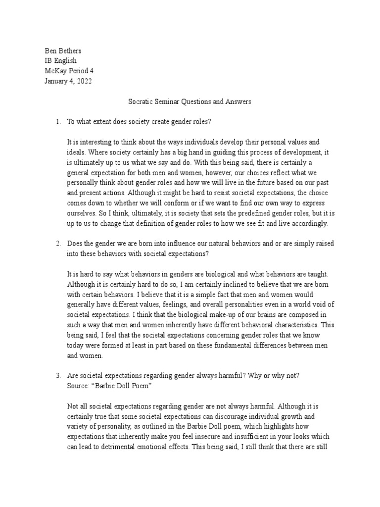 Socratic Seminar Questions and Answers Bethers | PDF | Gender | Gender ...