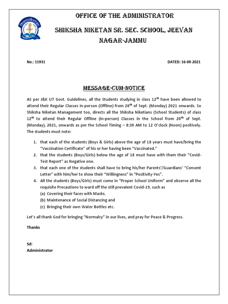 (Notice) Re-Opening of School For 12th Class | PDF
