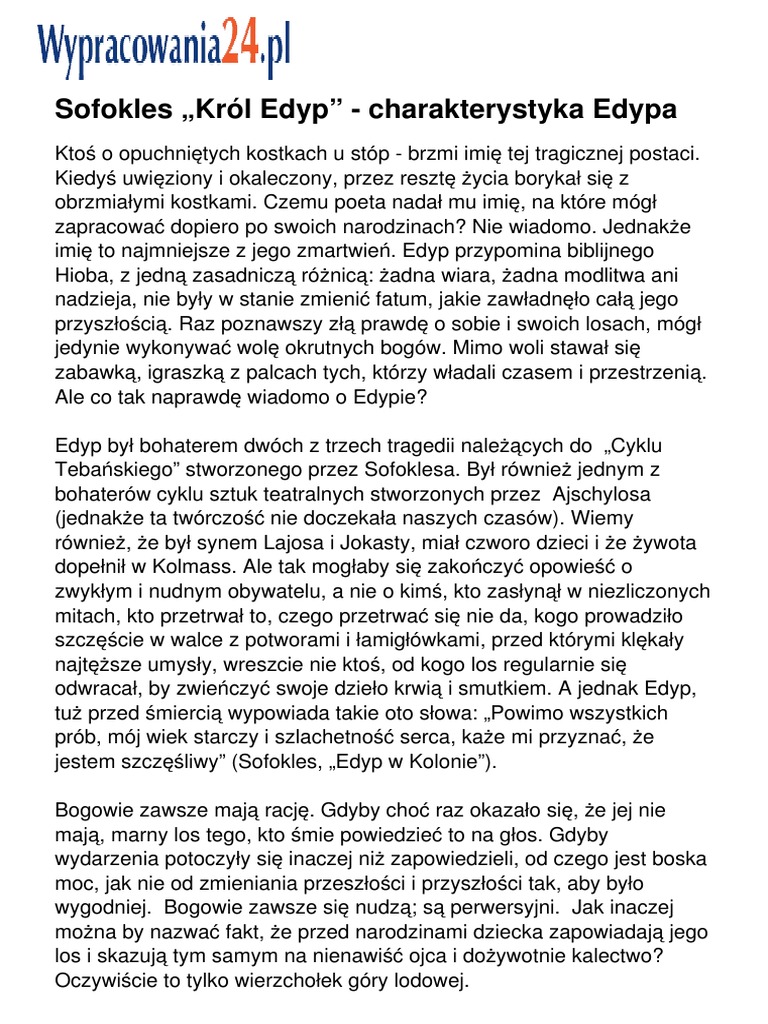 Sofokles Krol Edyp Charakterystyka Edypa | PDF