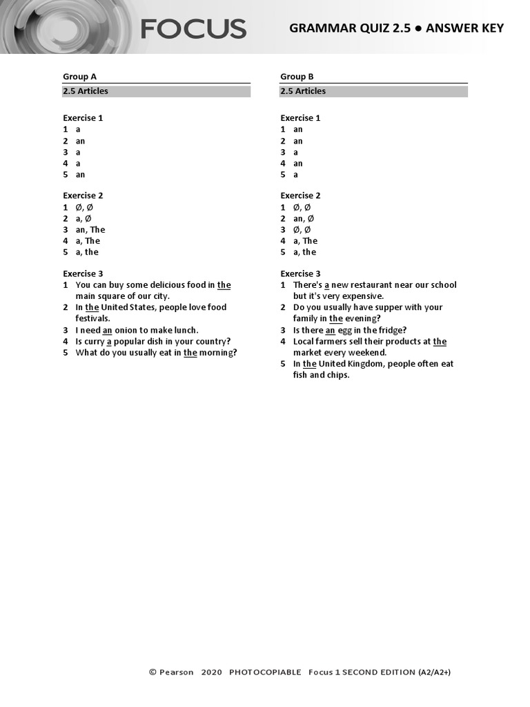 Grammar Quiz 2.5 Answer Key | PDF