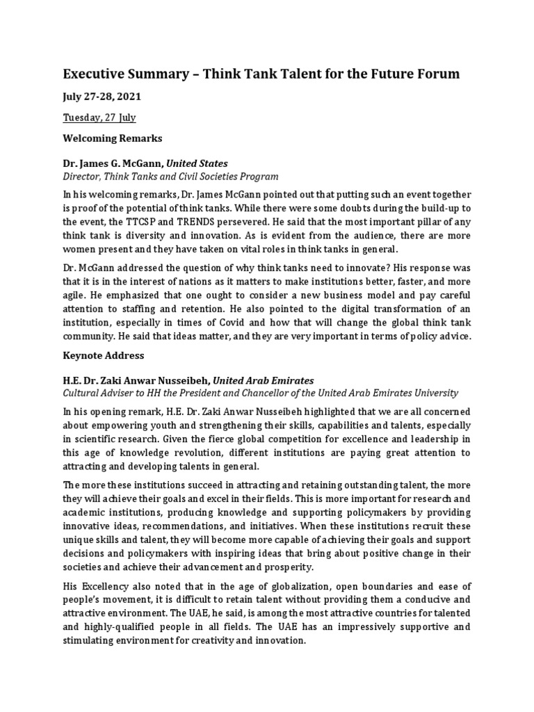 Summary Report Think-Tank Talent - For The Future Forum | PDF | Think ...