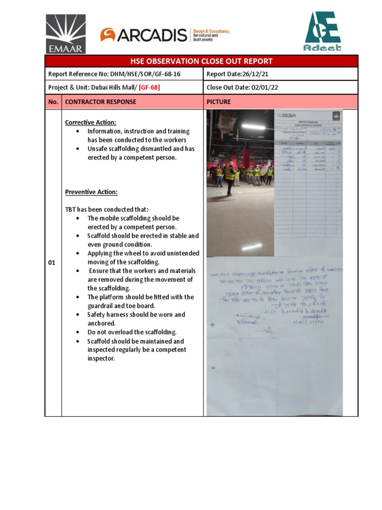 Hse Observation Close Out Report Sample | PDF