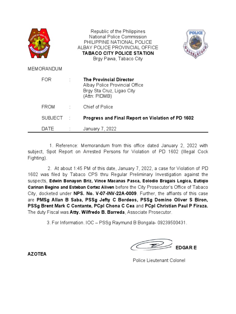 Progress Report on PD 1602 Violation | PDF