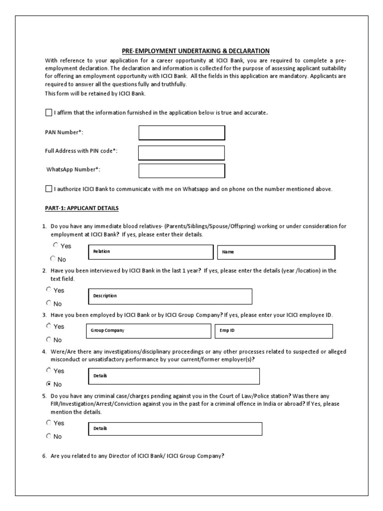Pre-Employment Undertaking & Declaration: Part-1: Applicant Details ...