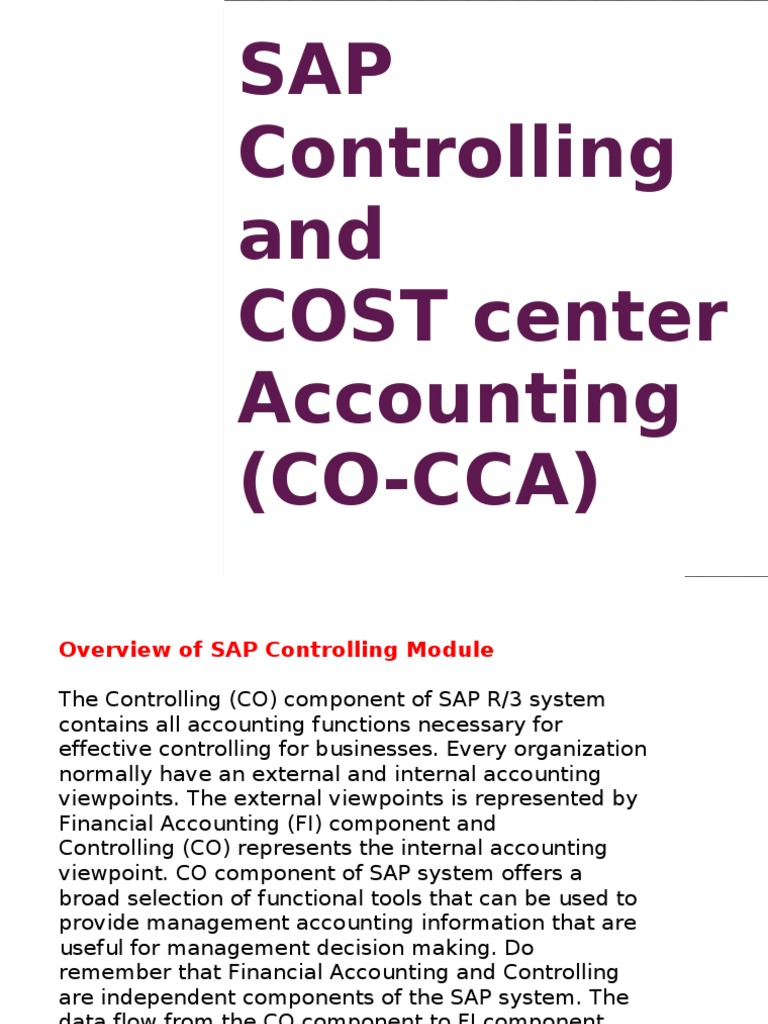 SAP Controlling and COST Center Accounting (CO-CCA) | PDF | Cost ...