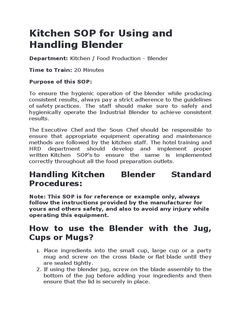 Kitchen SOP For Using and Handling Blender | PDF | Blender | Mug