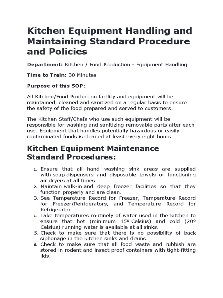 Kitchen Equipment Handling and Maintaining Standard Procedure and ...
