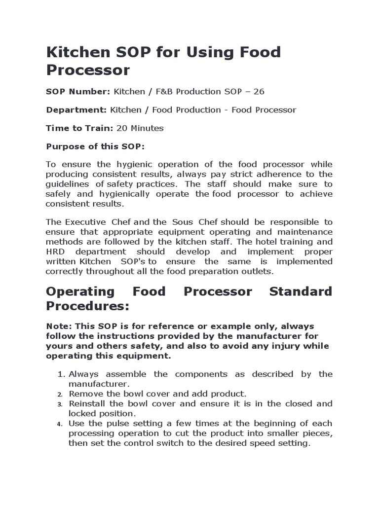 Kitchen SOP For Using Food Processor | PDF | Central Processing Unit ...
