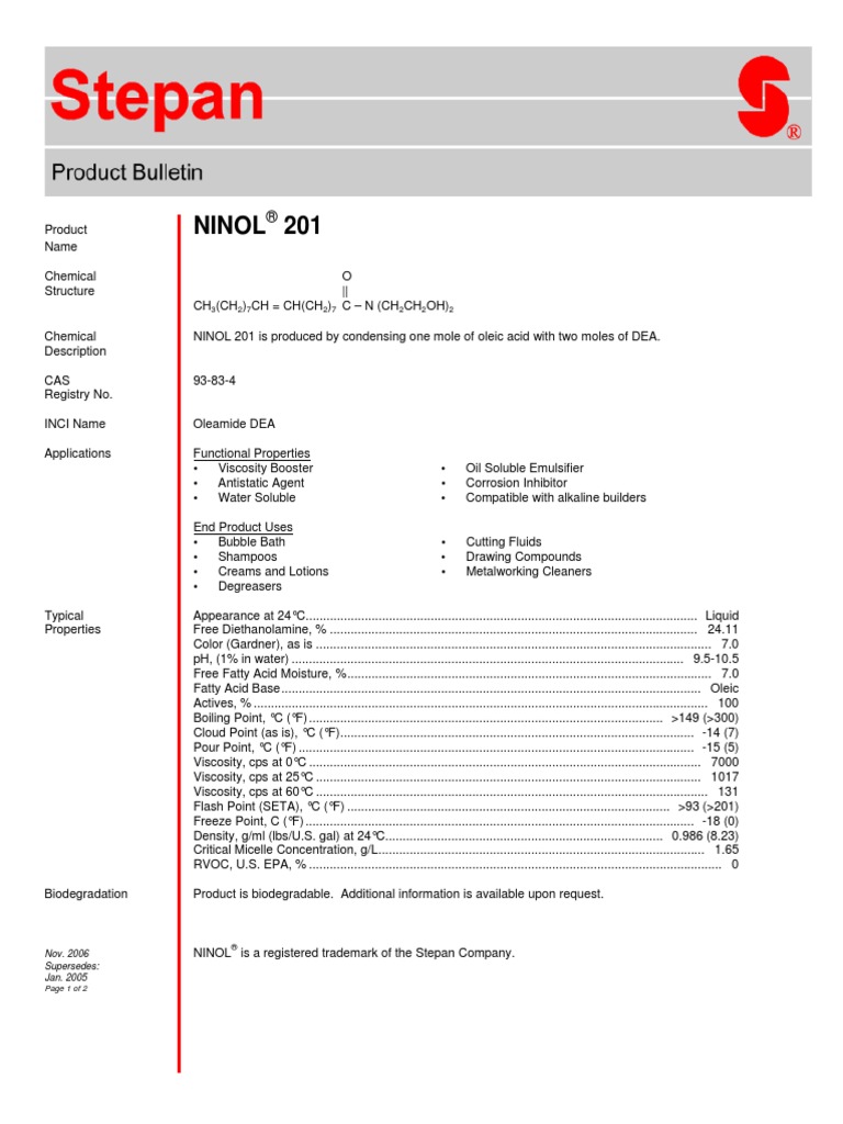 Ninol 201: Nov. 2006 Supersedes: Jan. 2005 | PDF | Chemistry | Chemical ...