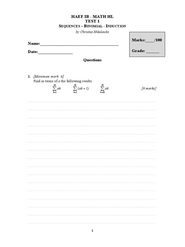 Haef Ib - Math HL Test 1 S - B - I: 1. (Maximum Mark: 6) | PDF ...