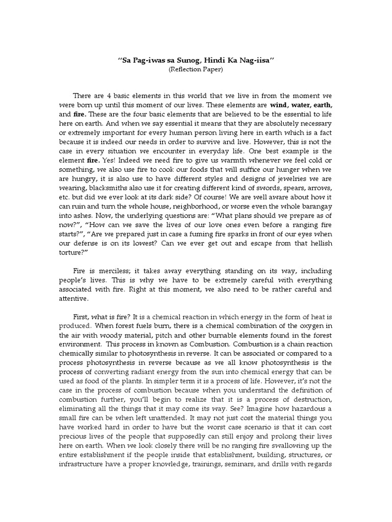 "Sa Pag-Iwas Sa Sunog, Hindi Ka Nag-Iisa": (Reflection Paper) | PDF ...