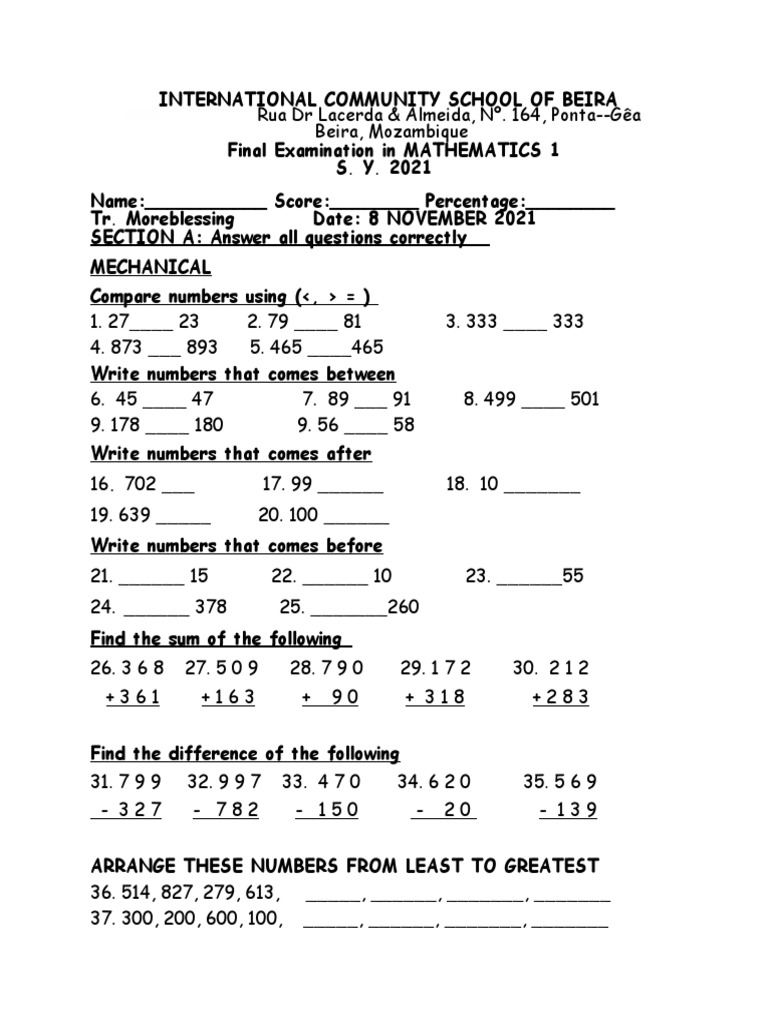 Maths Grade 1 Final | PDF | Mathematics