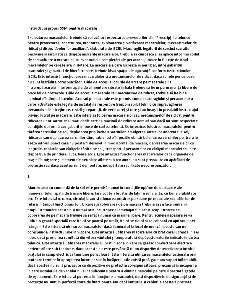 Instructiuni Proprii SSM Pentru Macarale | PDF