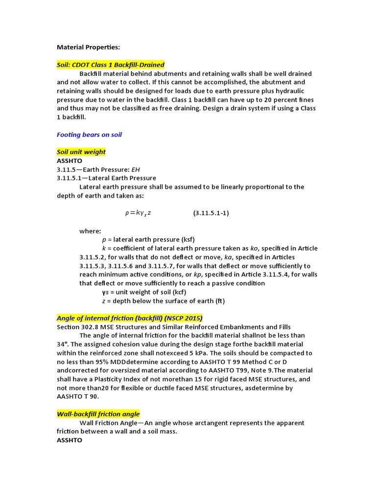 Soil: CDOT Class 1 Backfill-Drained: Material Properties | PDF ...