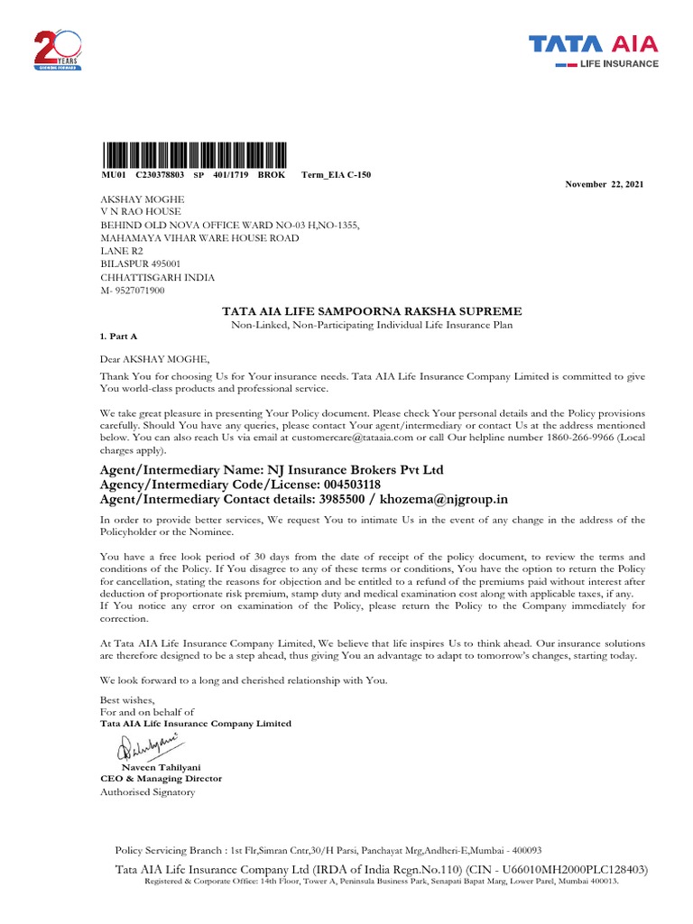 Agent/Intermediary Name: NJ Insurance Brokers PVT LTD Agency ...