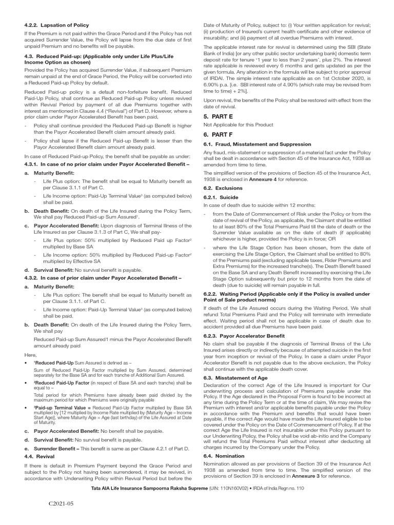 Tata AIA Life Insurance Sampoorna Raksha Supreme (UIN: 110N160V02) - IRDA of India Regn No. 110 ...