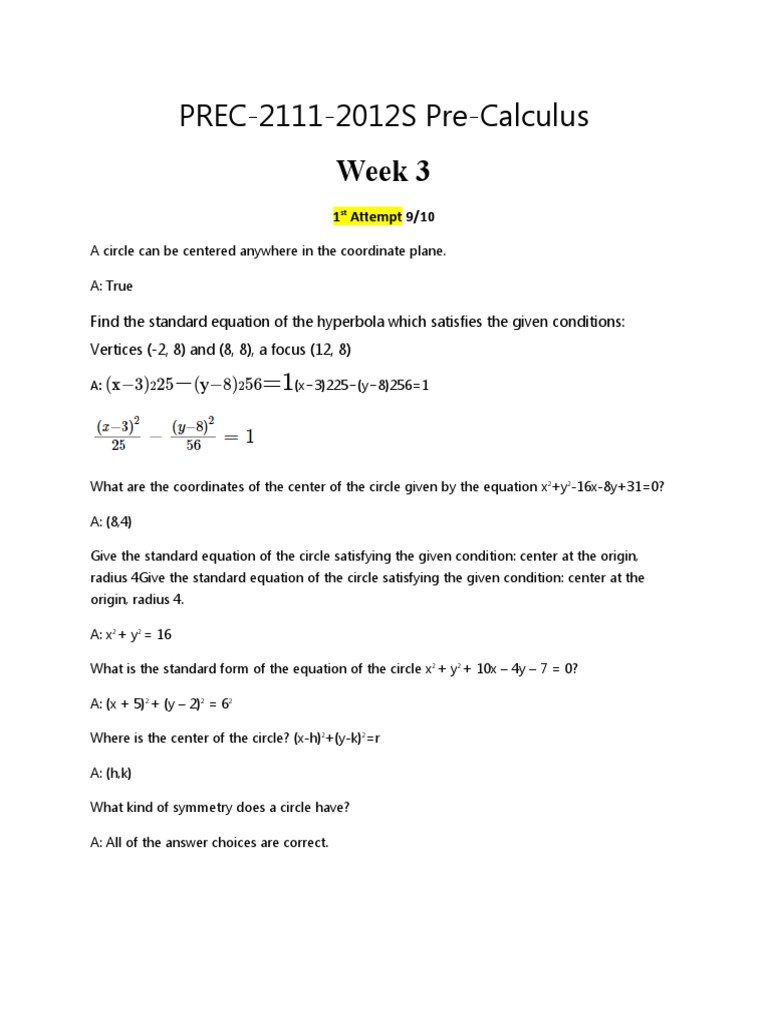 Pre Cal Week 1 20 Wewo | PDF | Ellipse | Sine