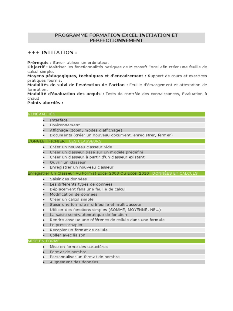 Plan de Formation Excel | PDF | Microsoft Excel | Informatique Plan de Formation Excel | PDF | Microsoft Excel | Informatique
