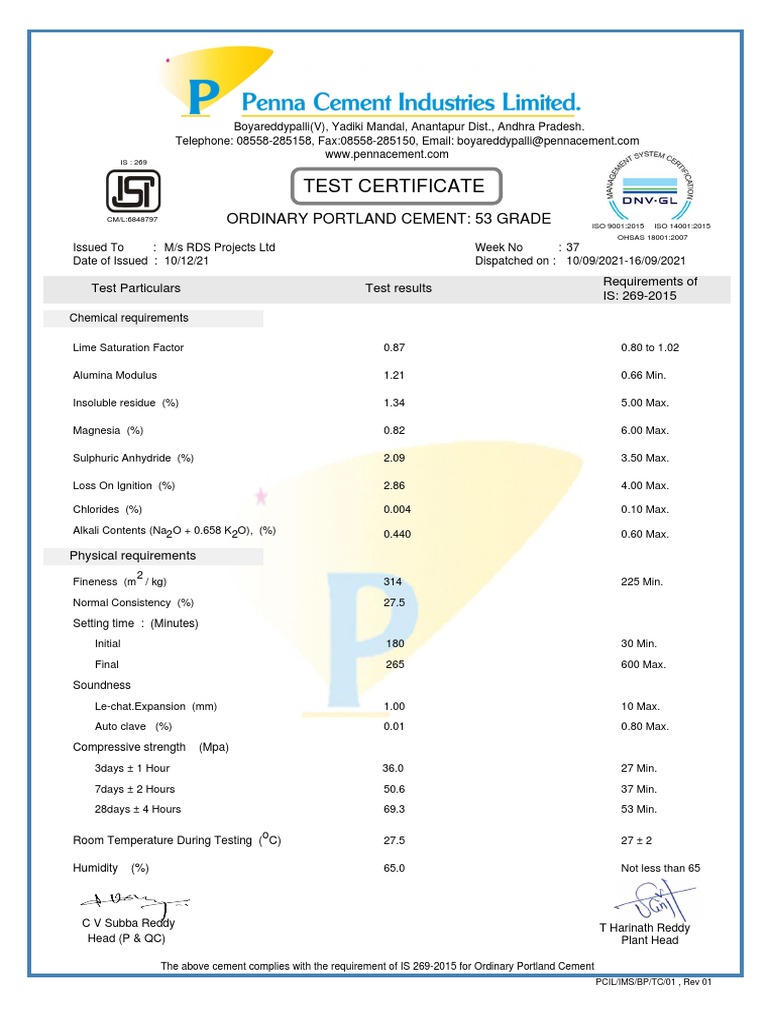 Test Certificate: Ordinary Portland Cement: 53 Grade | PDF | Cement ...