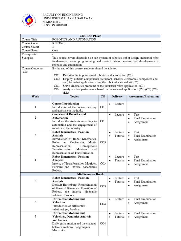 KNP3063 Robotics and Automation Course Plan | PDF | Robot | Robotics