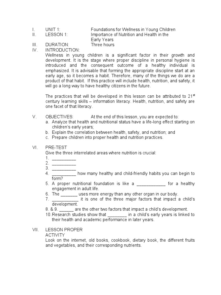 Health, Nutrition, and Safety - UNIT 1 Lessons 1 and 2 | PDF | Relationships | Child Development