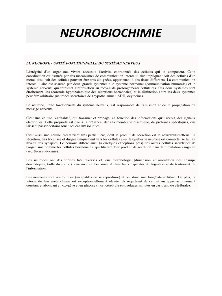 Le Cours 1-Neurone | PDF | Synapse | Potentiel postsynaptique excitateur