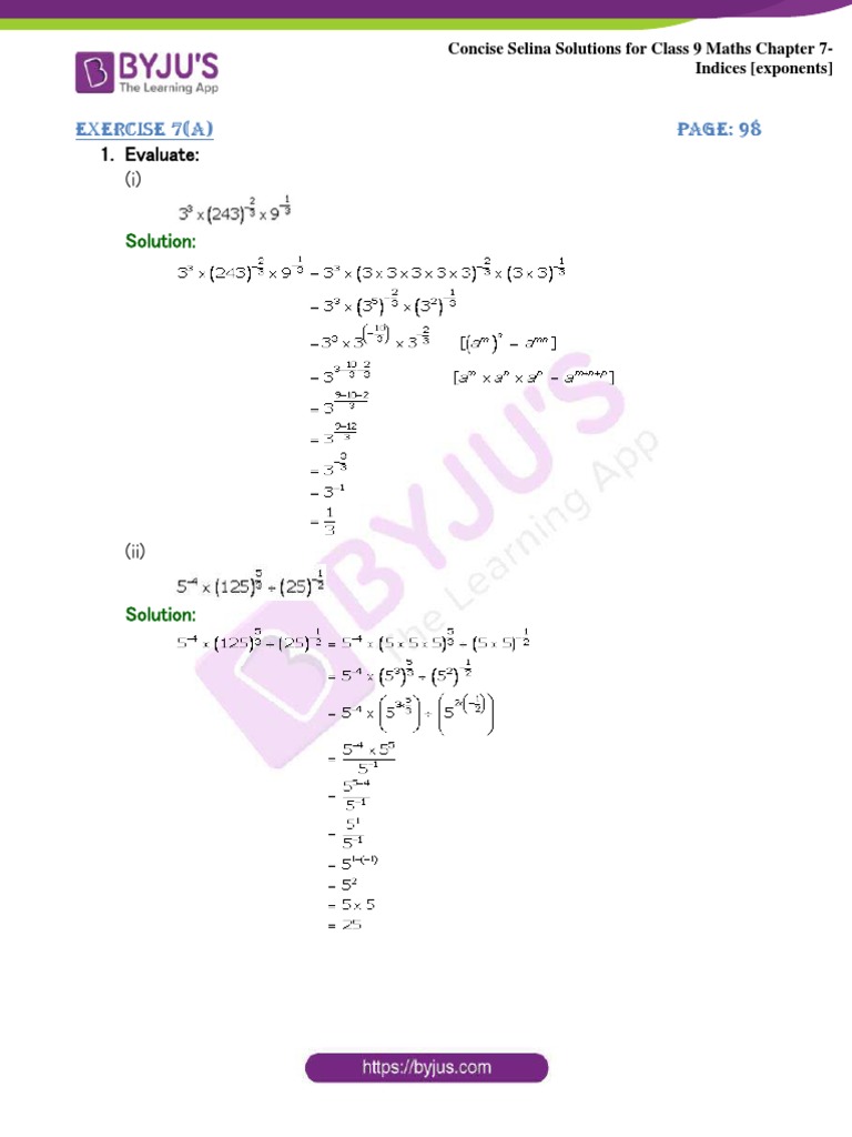 Class 9 Maths: Indices Solutions | PDF | Exponentiation | Mathematics