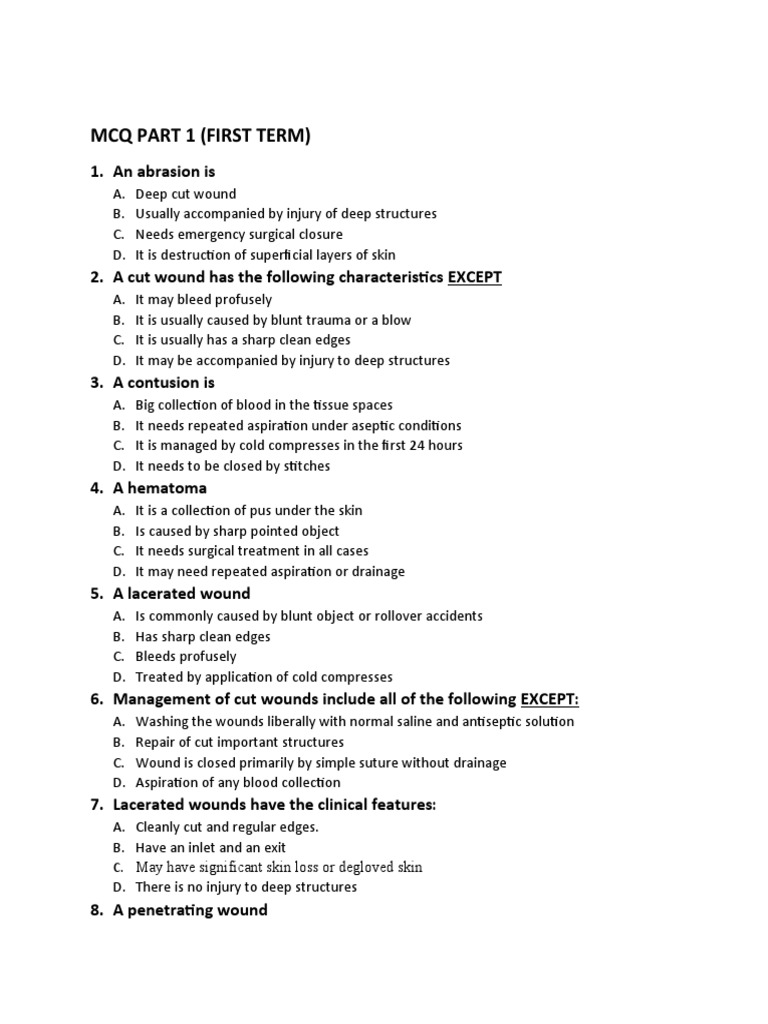 MCQ Part 1 (First Term) | PDF | Shock (Circulatory) | Wound