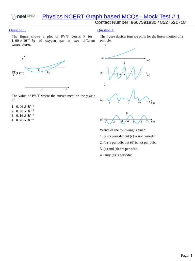 Physics NCERT Graph Based MCQs - Mock Test # 1 | PDF | Electrical ...