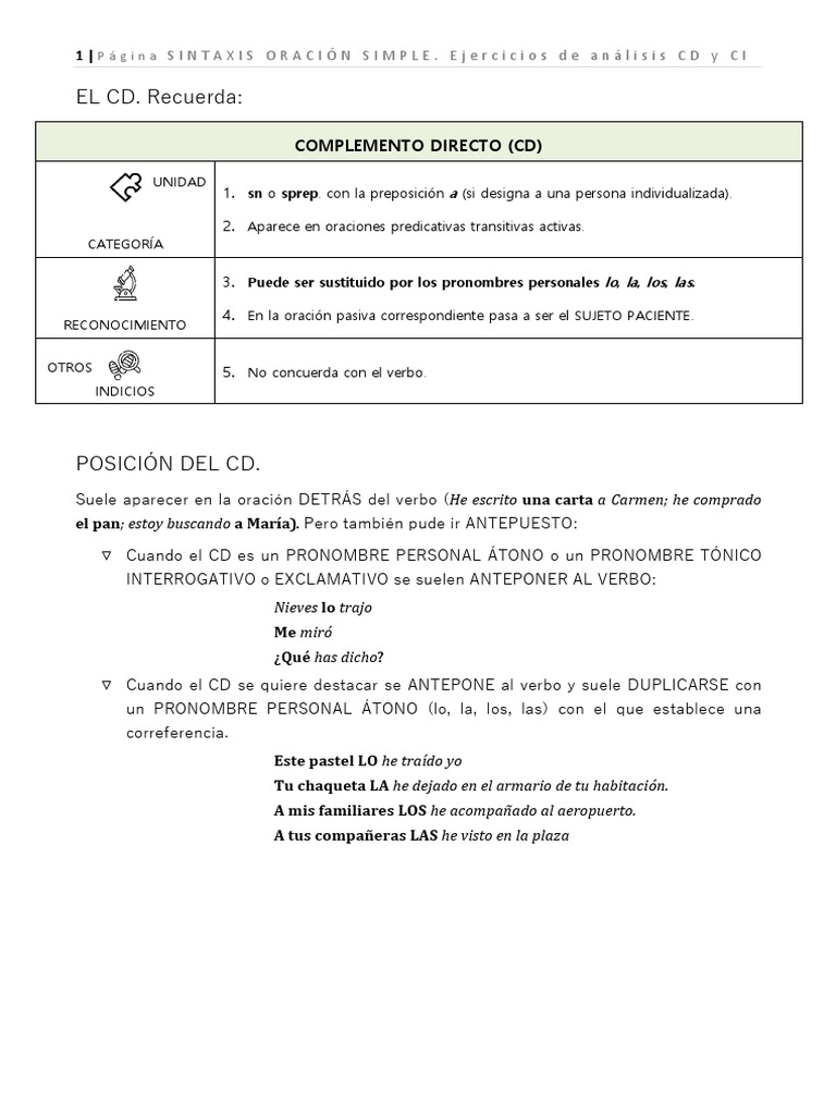 CD y CI - Ejercicios Sintaxis Oración Simple - 3º - 2018 - 2019 | PDF ...