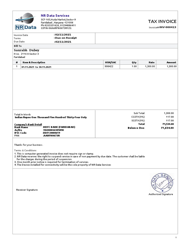 Tax Invoice: NR Data Services | PDF | Invoice | Receipt