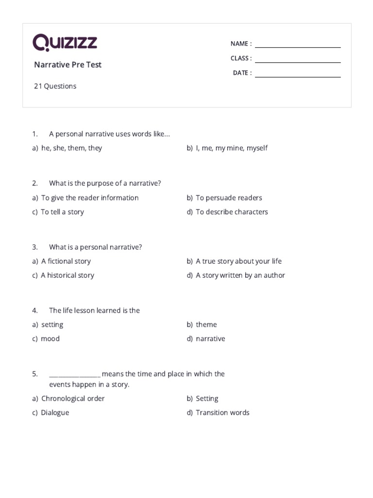 Narrative Pre Test: Name: Class: Date | PDF | Narrative | Essays