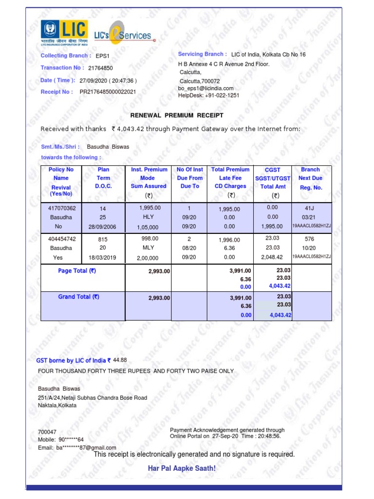 Renewal premium receipt for two LIC policies | PDF | Trade | Financial Services