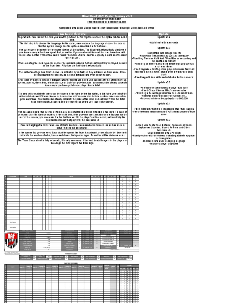 Blood Bowl 2020 Roster Tourney v3.4 | PDF | Microsoft Excel | Software