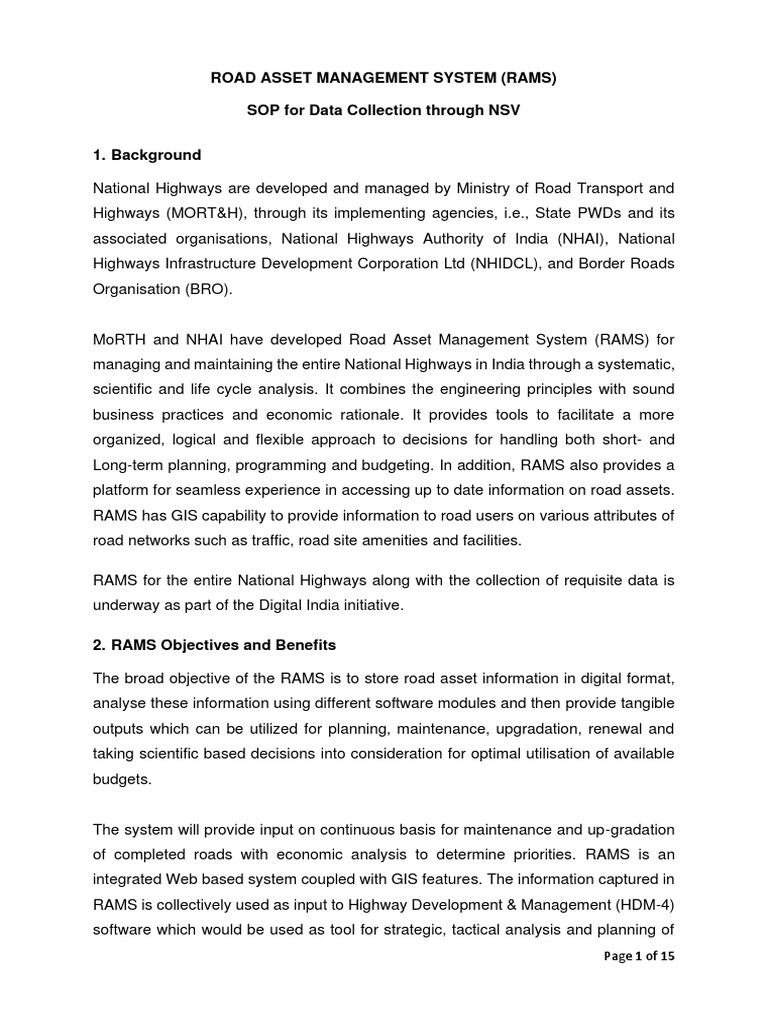 Road Asset Management System (Rams) SOP For Data Collection Through NSV | PDF | Road | Asset ...