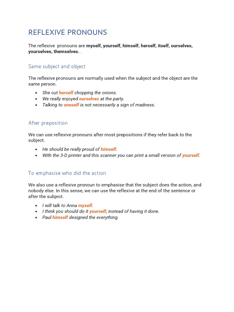 Reflexive Pronouns: Same Subject and Object | PDF | Self-Improvement