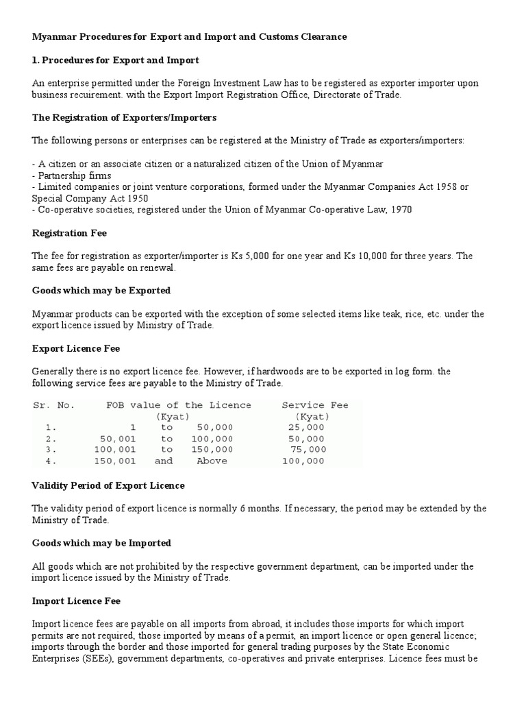 Myanmar Procedures For Export and Import and Customs Clearance | PDF ...