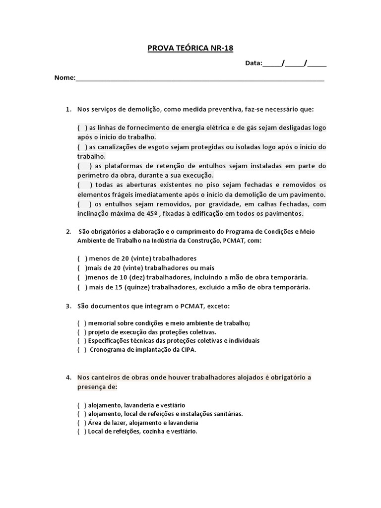 Prova NR 18 | PDF