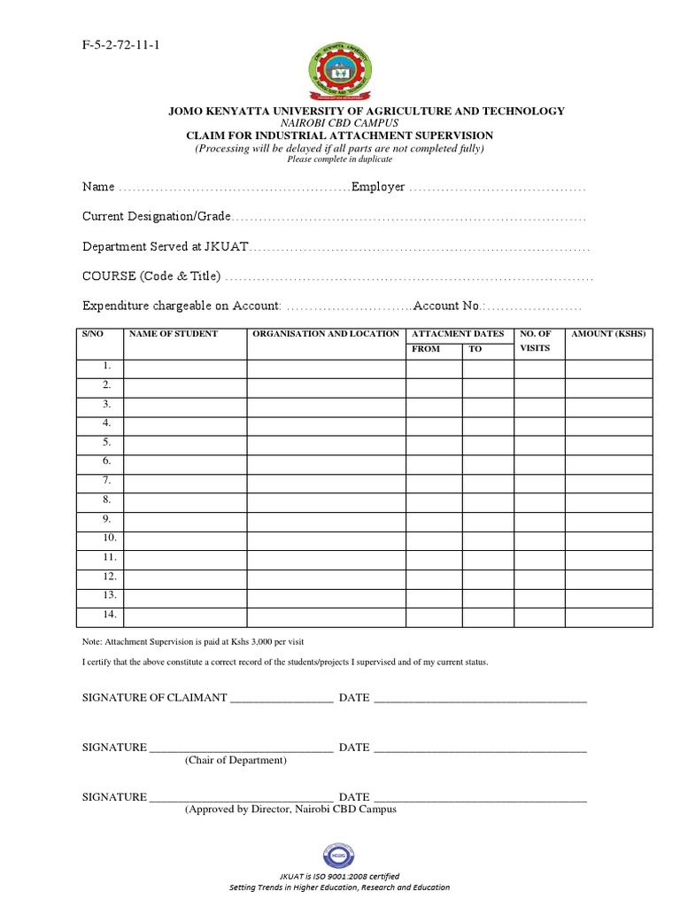 Industrial Attachment Supervision Claim Form | PDF | Finance & Money ...