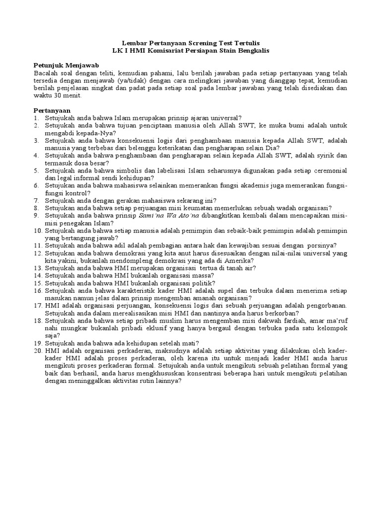 Lembar Soal Screening Tertulis | PDF