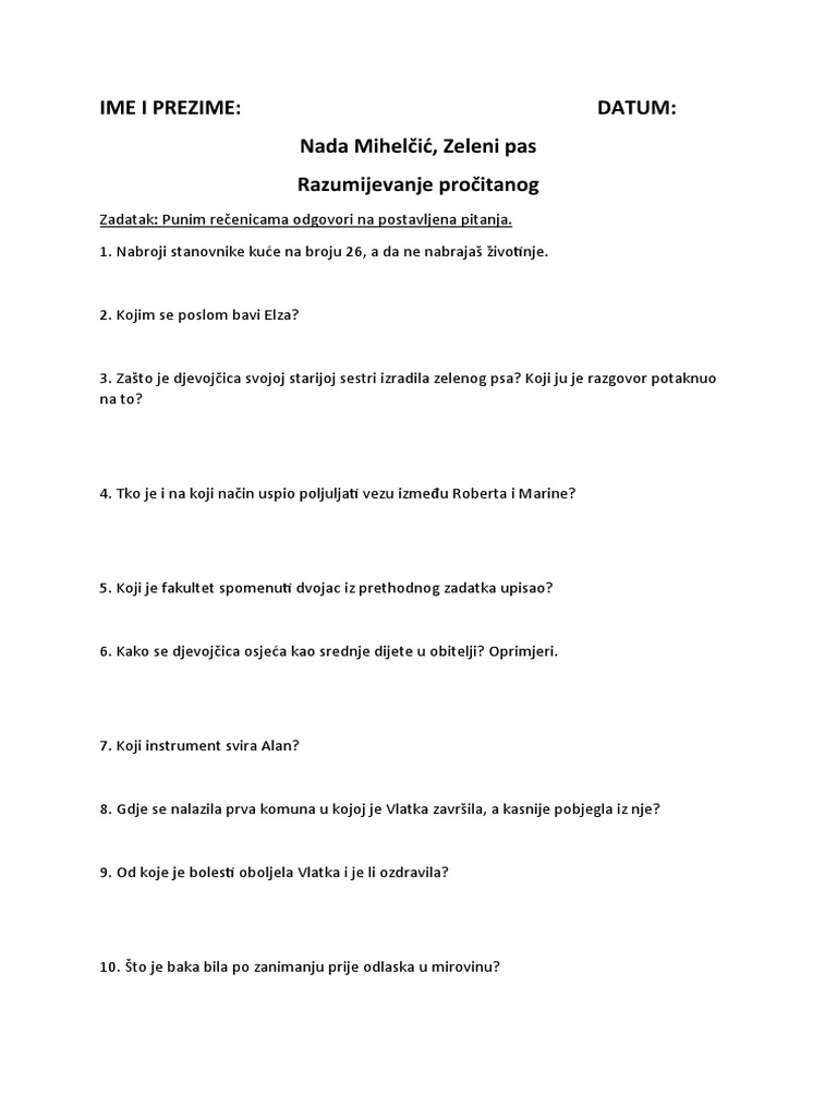 Zeleni Pas, Razumijevanje Pročitanog | PDF