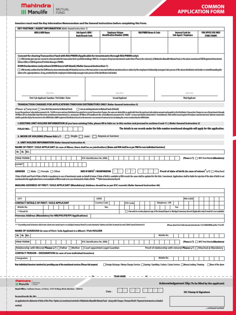 Mahindra Manulife Mutual Fund Application Form | PDF | Cheque | Payments
